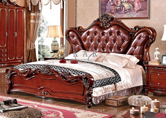 Classic style bed wood frame and leather with carved